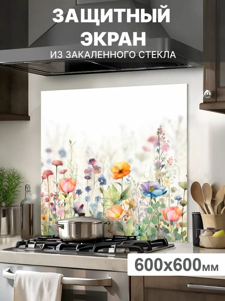 Защитный экран от брызг на плиту 600х600х4мм. Стеновая панель для кухни из закаленного стекла. Фартук для кухни на стену