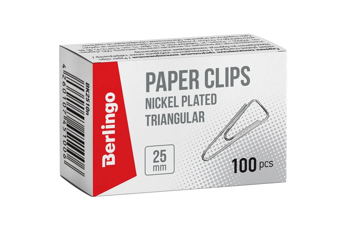 BERLINGO треугольные скрепки 25 мм никелированные, 100 шт, с отогнутым носиком, картон