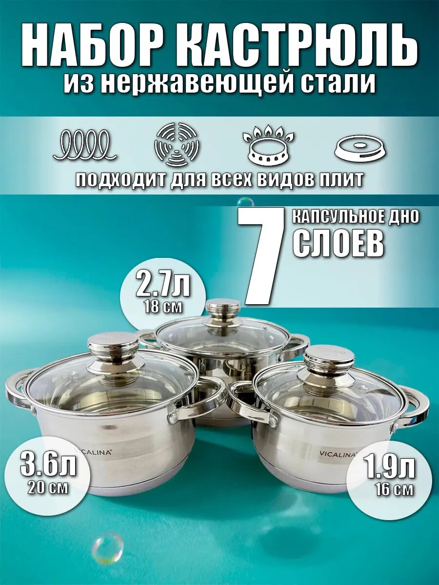 Набор кастрюль Vicalina, нержавеющая сталь, с крышками, 3 предмета, для индукции