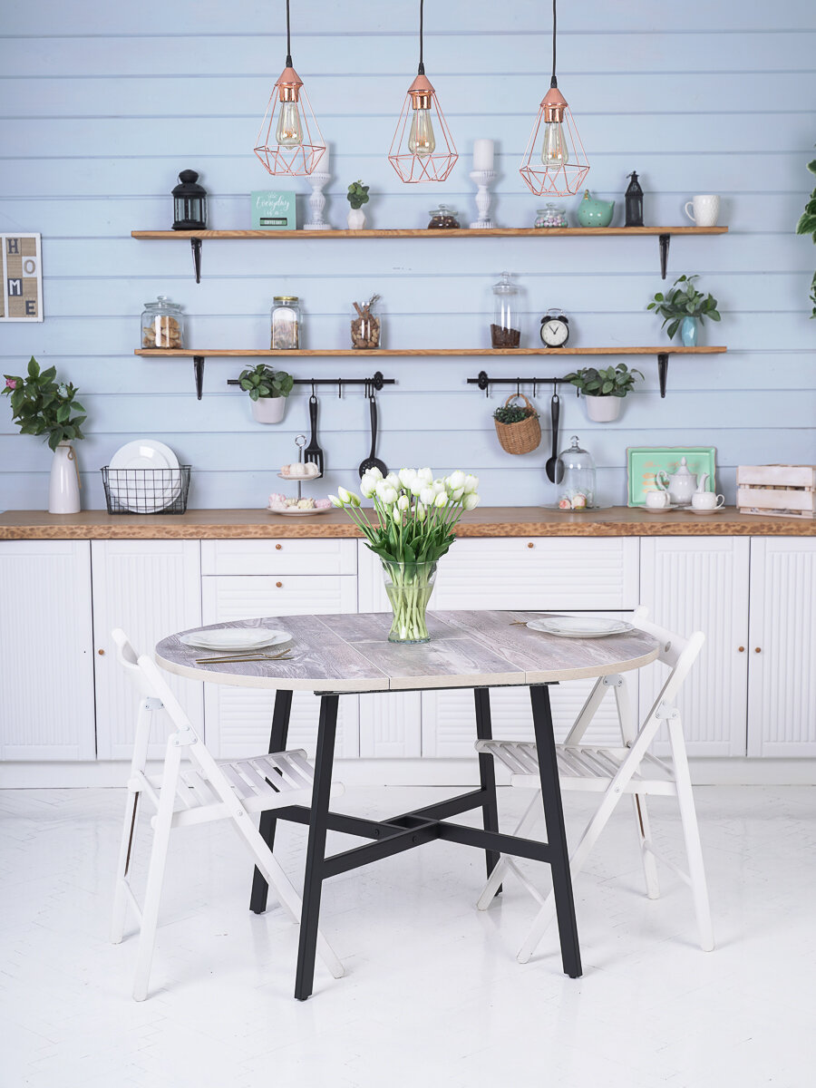 Стол кухонный обеденный Leela круглый раздвижной, бетон пайн, 89х89/119х75 см.