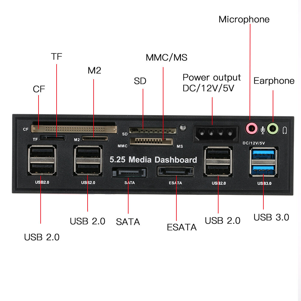 Многофункциональный концентратор USB 3.0, порт eSATA SATA, внутренний кардридер, компьютерная панель управления, медиа, передняя панель, аудио для карт памяти SD, MS, CF, TF, M2, MMC, подходит для карт памяти 5,25