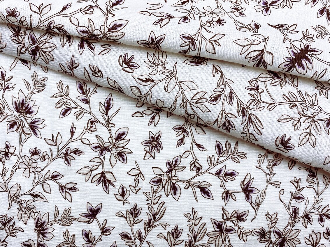 Ткань Лен белого цвета с принтом ветки, листочки 20308