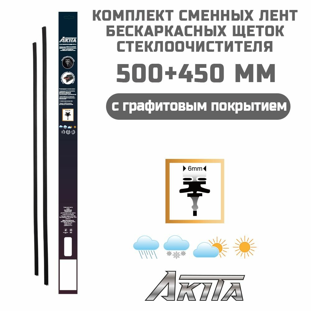 Сменные резинки для бескаркасных щеток 500+450 мм