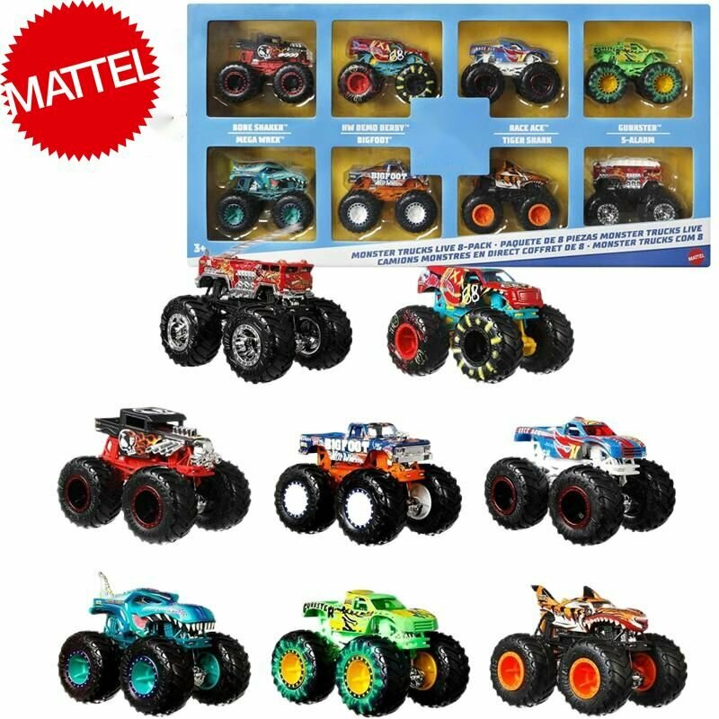 Машинка Mattel Monster Trucks (Монстр трак) 2024 HDB12,8 шт, игрушки для мальчиков, новогодние и рождественские подарки