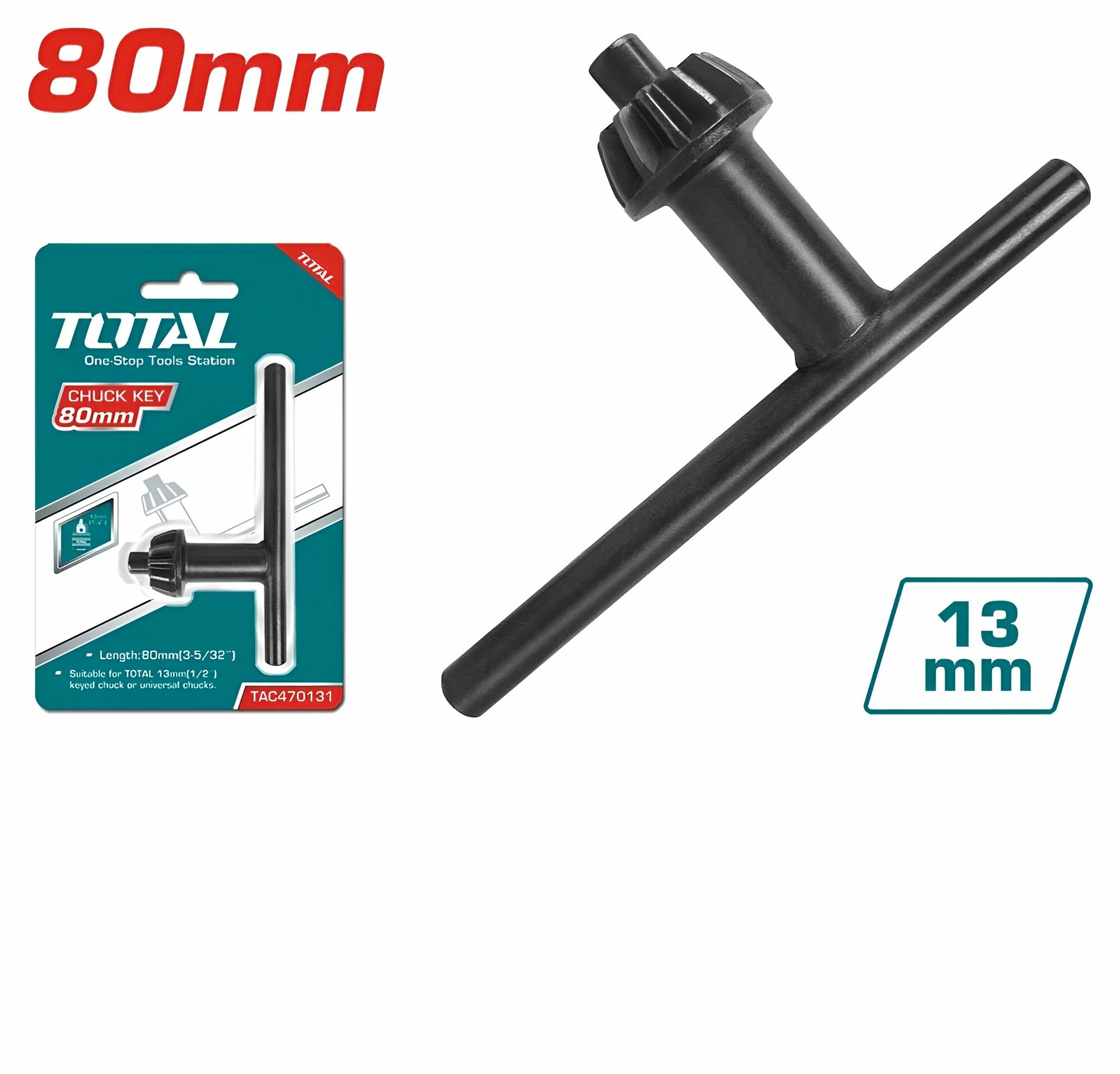 Ключ для патрона дрели 13 мм, длина ключа 80 мм, TOTAL TAC470131