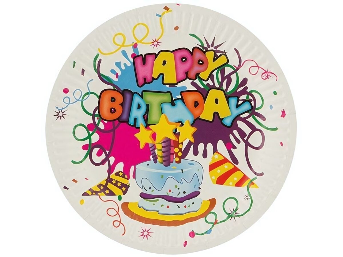 Бумажные тарелки 18см «Happy Birthday» 6шт, праздничный дизайн, для тортов и закусок
