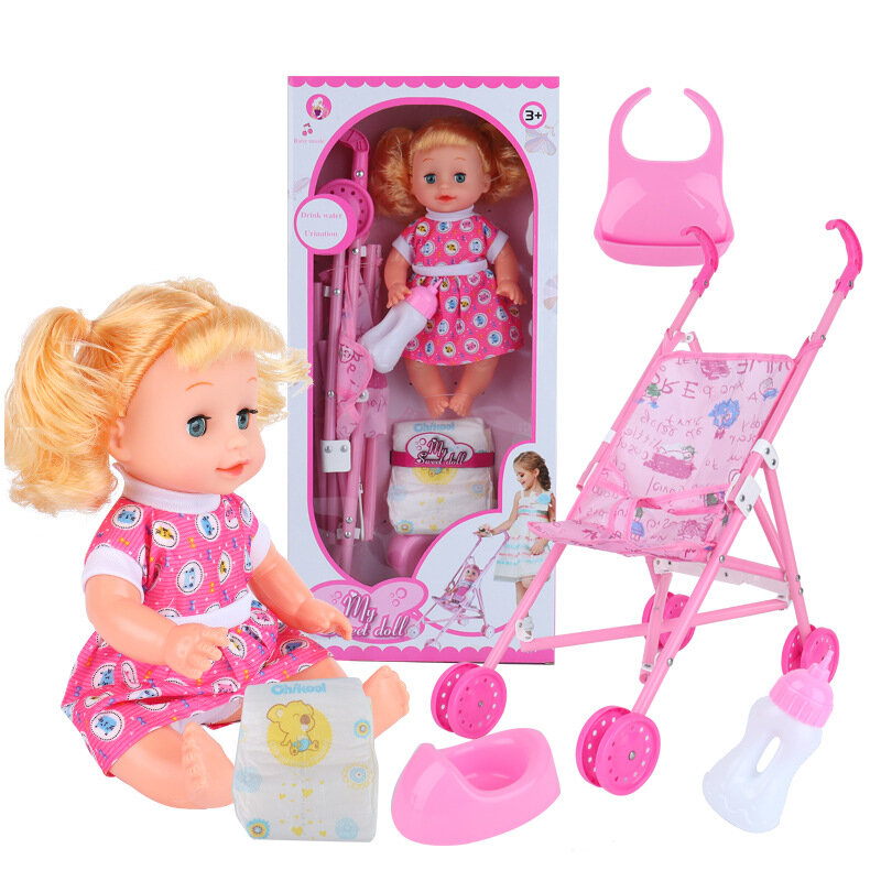 Тележка с куклой, пьёт воду, звуковые эффекты, аксессуары, натуральный латекс, 31см