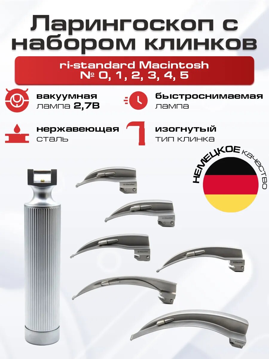 Ларингоскоп с набором клинков ri-standard Macintosh № 0, 1, 2, 3, 4, 5 /Универсальный набор: педиатрия, взрослые, на батарейках, лампочка вакуумная) Riester