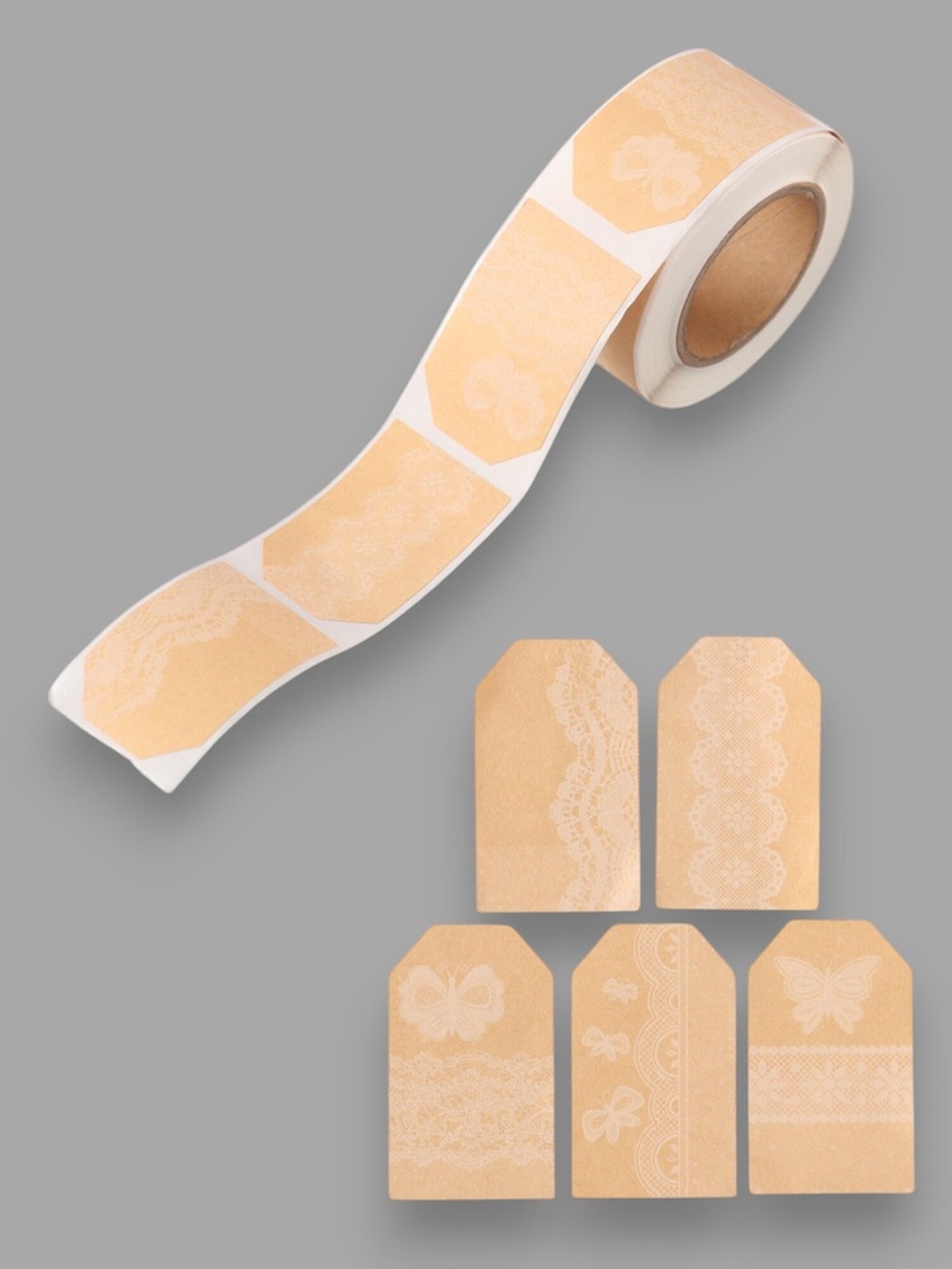 Наклейка бумага крафт "Бирки. Кружево" 3х5 см 200 шт в рулоне