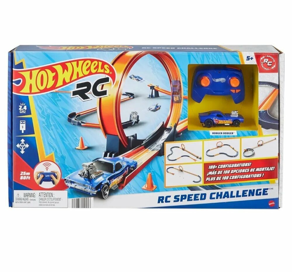 Hot Wheels Track RC Speed Challenge, Набор радиоуправляемых автомобильных трасс Игрушка Настольная соревновательная игра для мальчиков