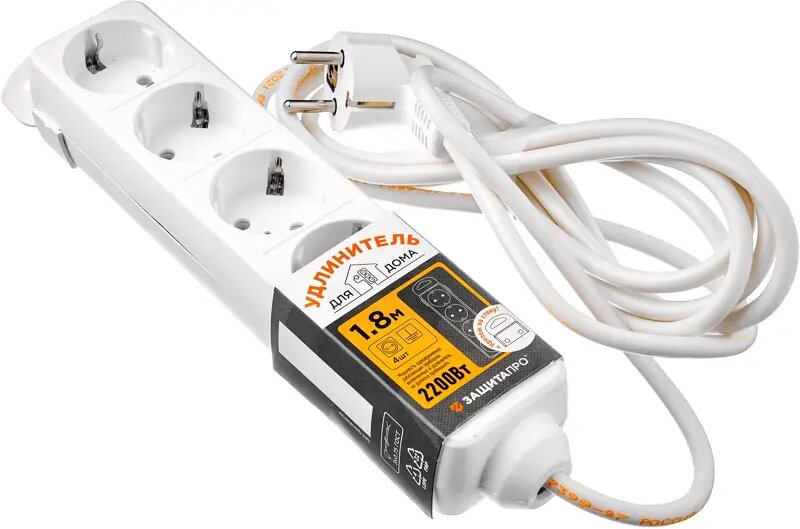 Удлинитель бытовой Защита Про 4 розетки с заземлением 3x0.75 мм 1.8 м 2200 Вт цвет белый