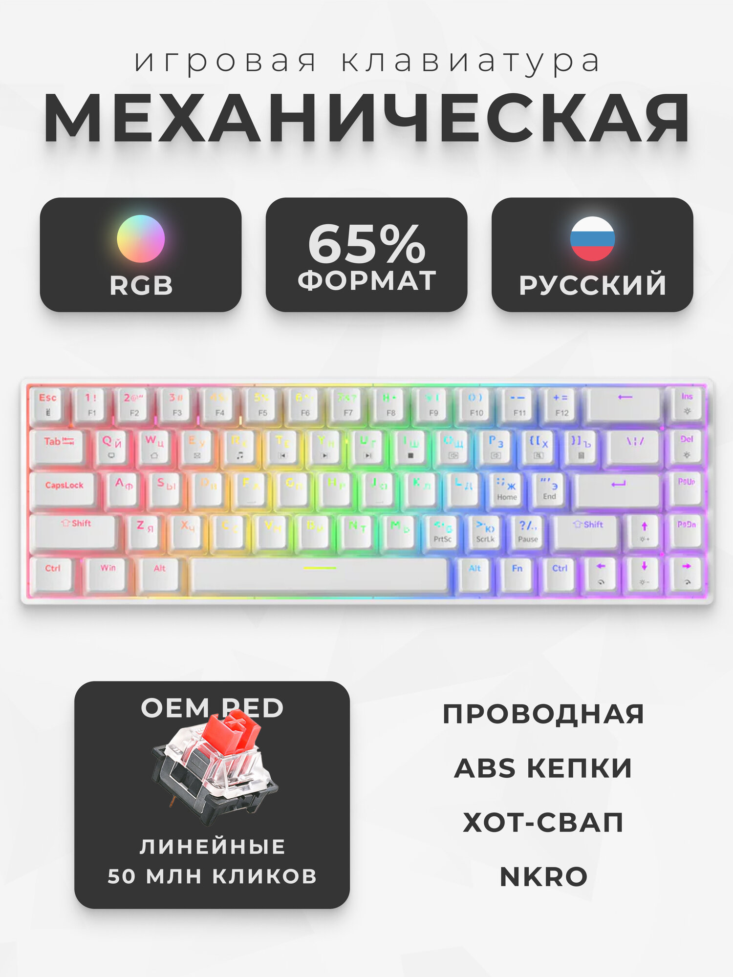Клавиатура механическая с подсветкой 65% проводная TK68, белая