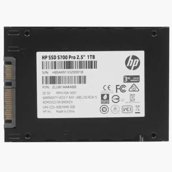 1 ТБ SSD 2.5" накопитель HP S700 Pro (2LU81AA) - SATA3 6.0 Гбит/с, чтение - 550 Мбайт/с, запись - 510 Мбайт/с, 3D NAND