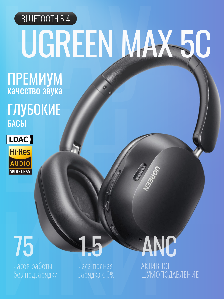 Беспроводные наушники с активным шумоподавлением UGREEN HiTune Max5C, черный, LDAC, BT 5,4, Гарантия