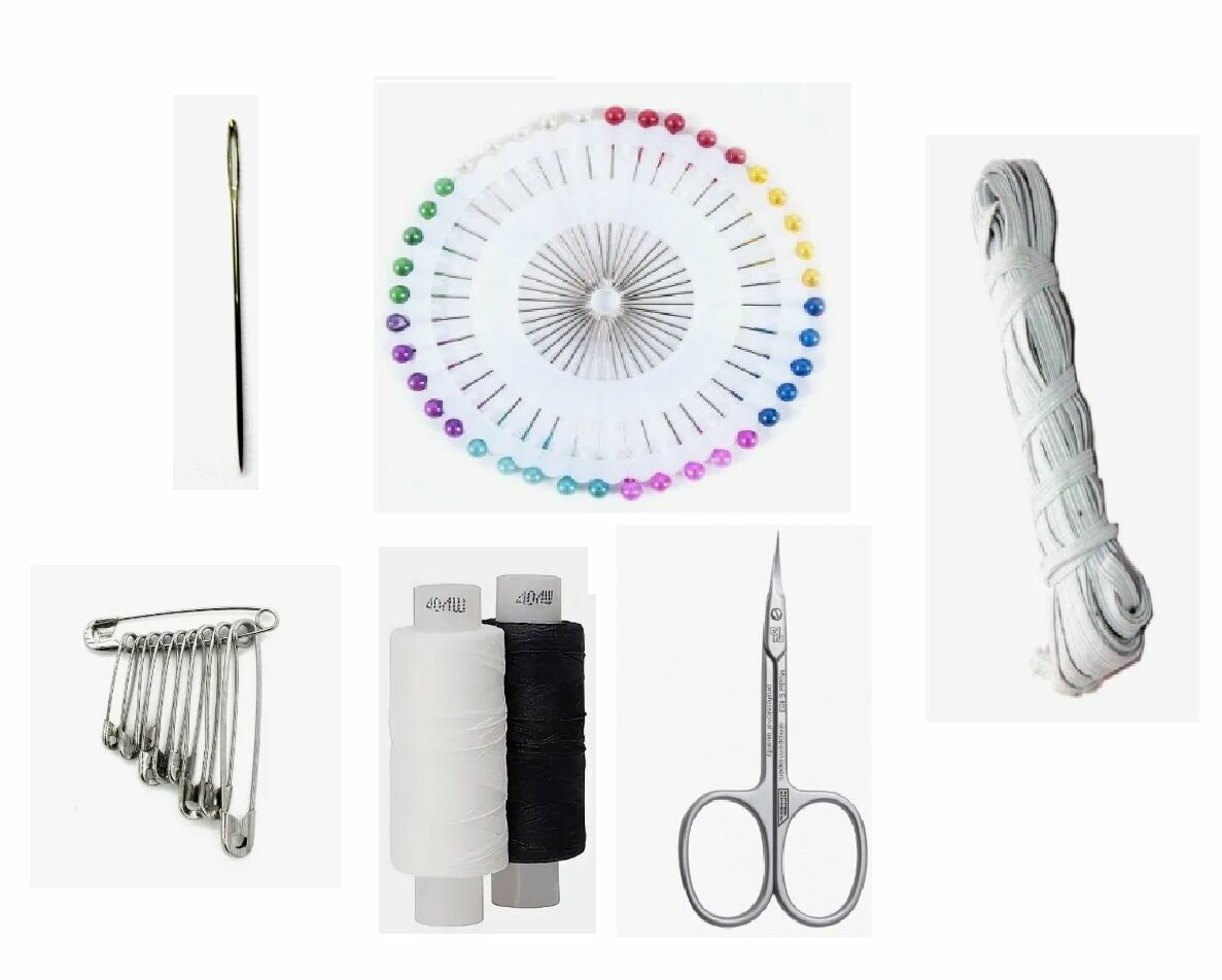 Швейный набор: Иголка , нитка чёрная, белая, булавки металлические, резинка для белья , Цветные булавки, ножницы.