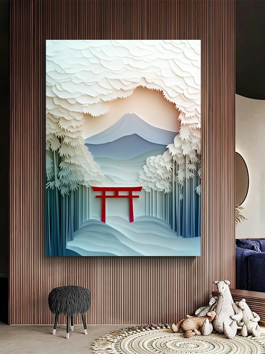 Картина интерьерная - "Пейзаж в японском стиле / гора Фудзи и сакура" , 40х60 см.