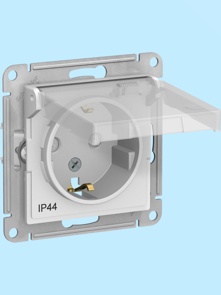 Розетка с заземлением со шторками и крышкой IP44 (Белый), Systeme Electric AtlasDesign Aqua