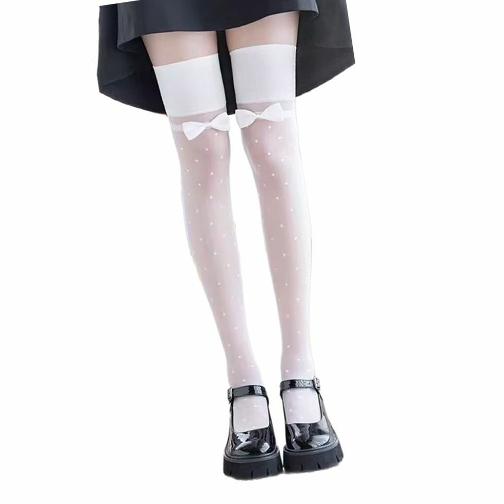 Летние ультратонкие чулки выше колена с бантом в горошек-белый