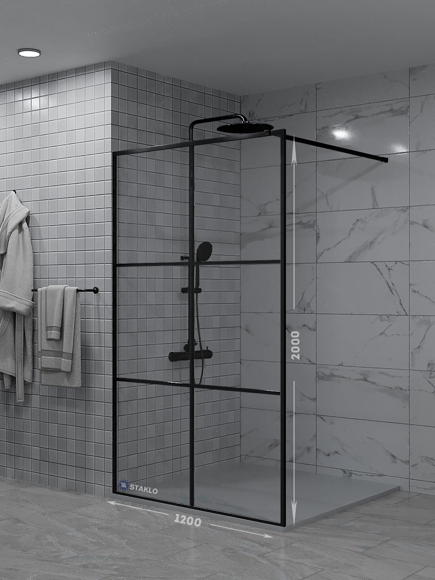 Loft душевая одиночная перегородка staklo 120x200 из осветленного стекла черная фурнитура