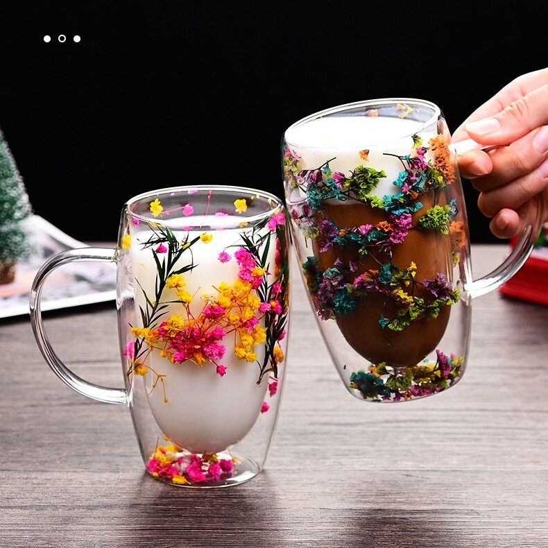 Кружка с двойным дном с цветами,400ml，2 чашки