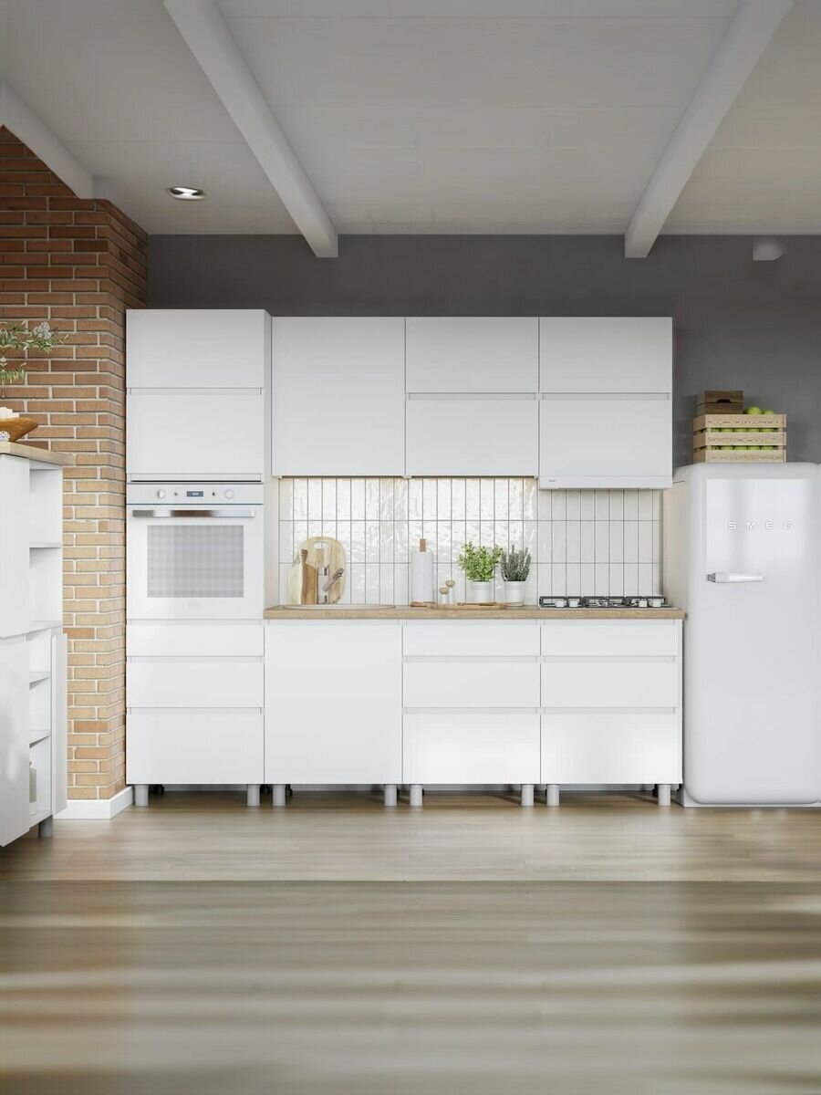 Кухонный гарнитур с пеналом, белый без ручек Модерн, 2,6 метра