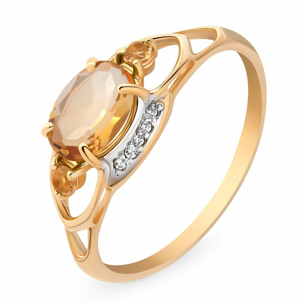 Кольцо, красное золото, 585 проба, родирование, цитрин, фианит