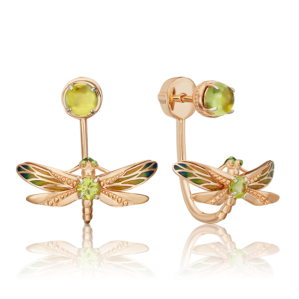 Серьги, красное золото, 585 проба, хризолит