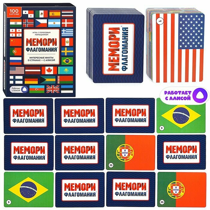Настольная игра ГеоДом "Мемори", Флагомания, 100 карточек, с голосовым помощником