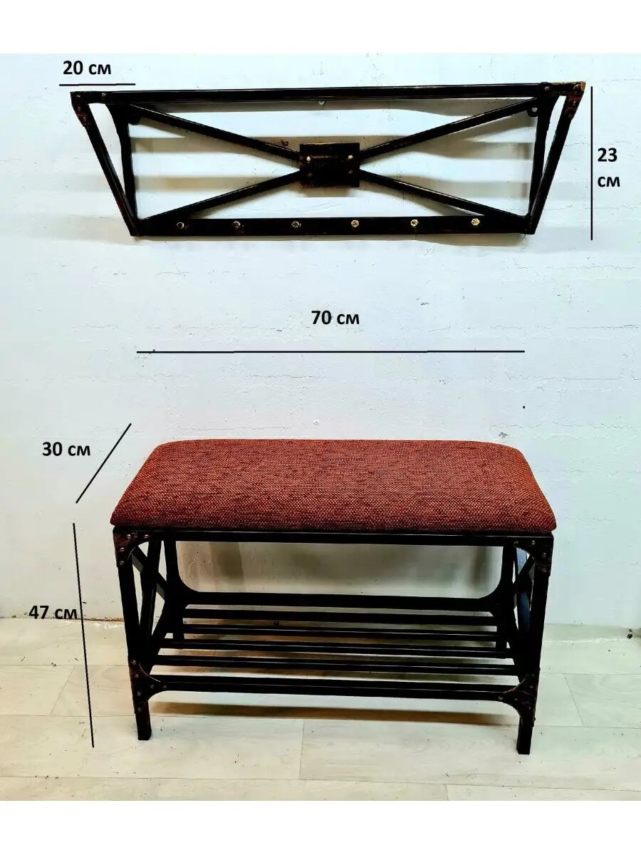 Кованая прихожая, вешалка + банкетка, Студия кованой мебели Нива, цвет красно-коричневый