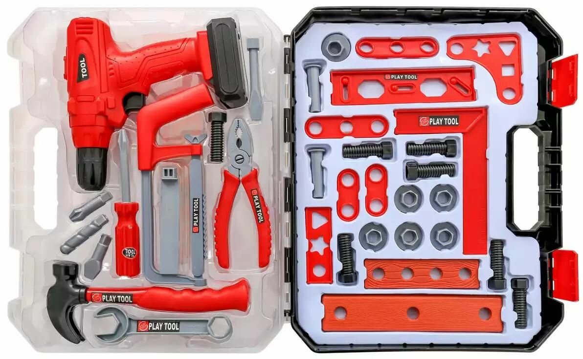 Набор инструментов детский КНР T1801C, 36 деталей в чемодане OZ, пластик, шуруповерт на батарейках
