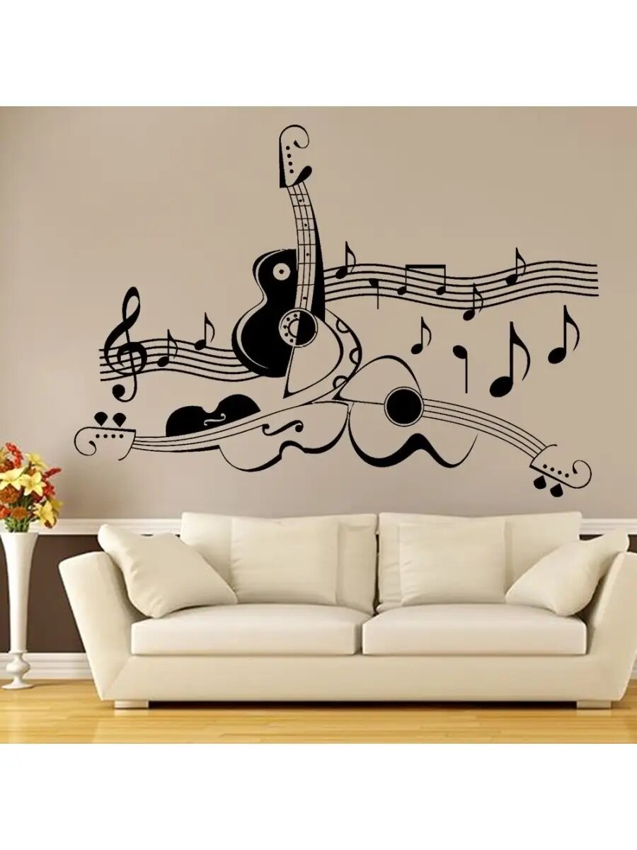 Наклейка на стену для декора интерьерная Гитара Нотный стан