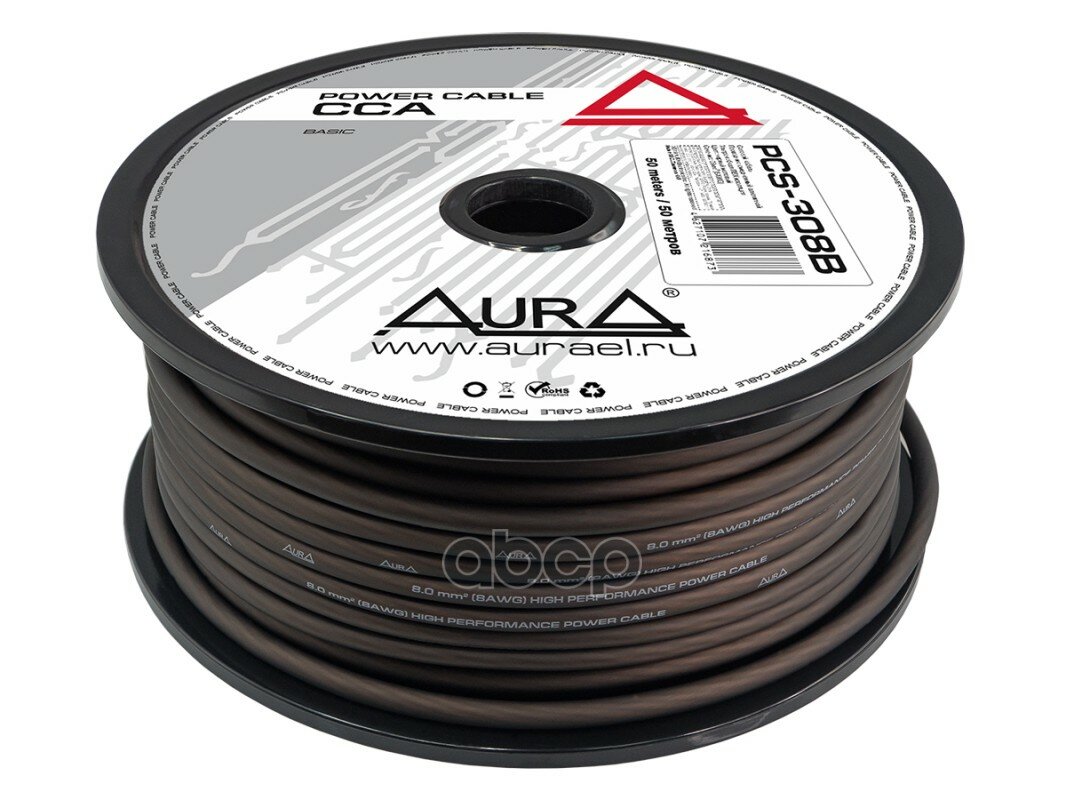 Кабель силовой, 8AWG8мм2, 50мкатушка, черный AURA арт. PCS308B