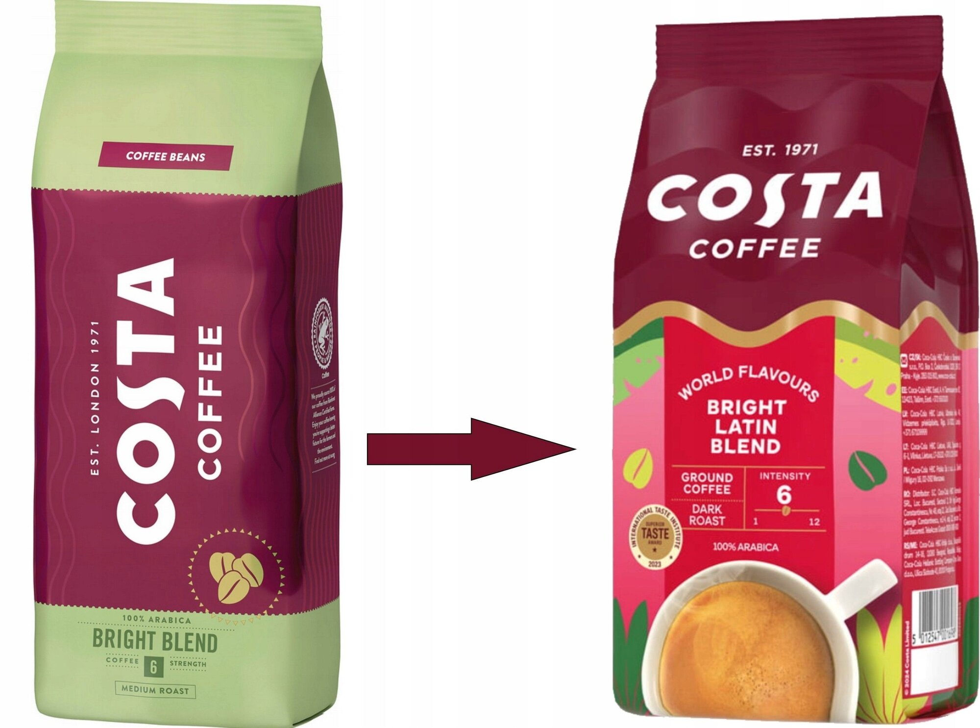 Кофе в зернах Costa Bright Blend, 100% арабика, вакуумная упаковка, 1кг