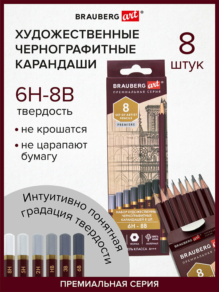 Карандаши чернографитные профессиональные 6H-8B набор 8 штук, BRAUBERG ART "PREMIERE", 181892
