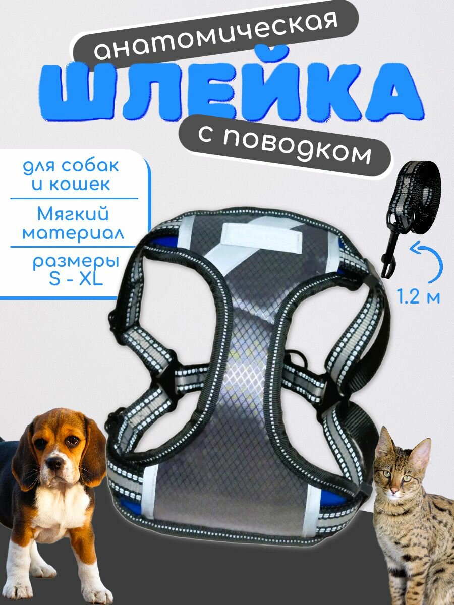 Шлейка для собак средних и крупных пород анатомическая обхват груди L (65-81 см), с поводком 120 см светоотражающая серая