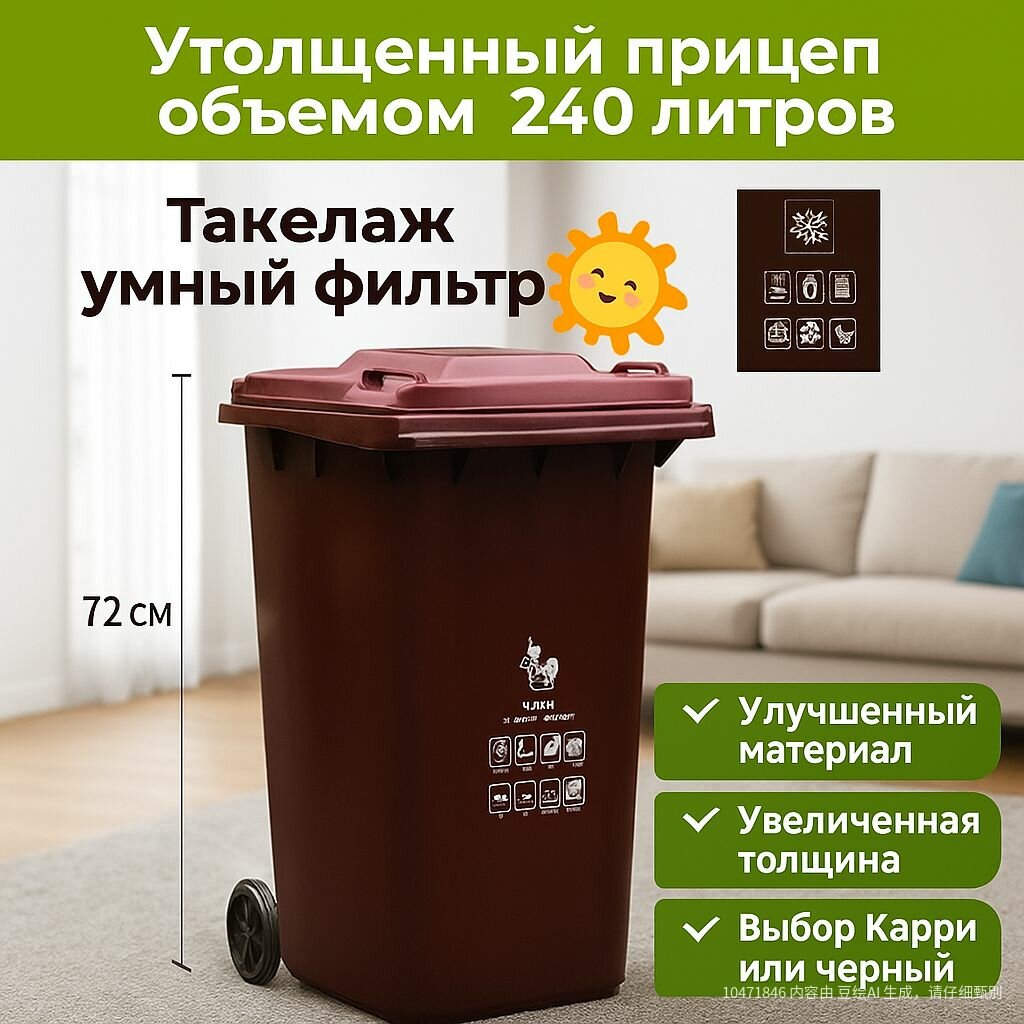 Мусорный бак 240л (литров), уличный контейнер для мусора, с крышкой, на колёсах, цвет коричневый