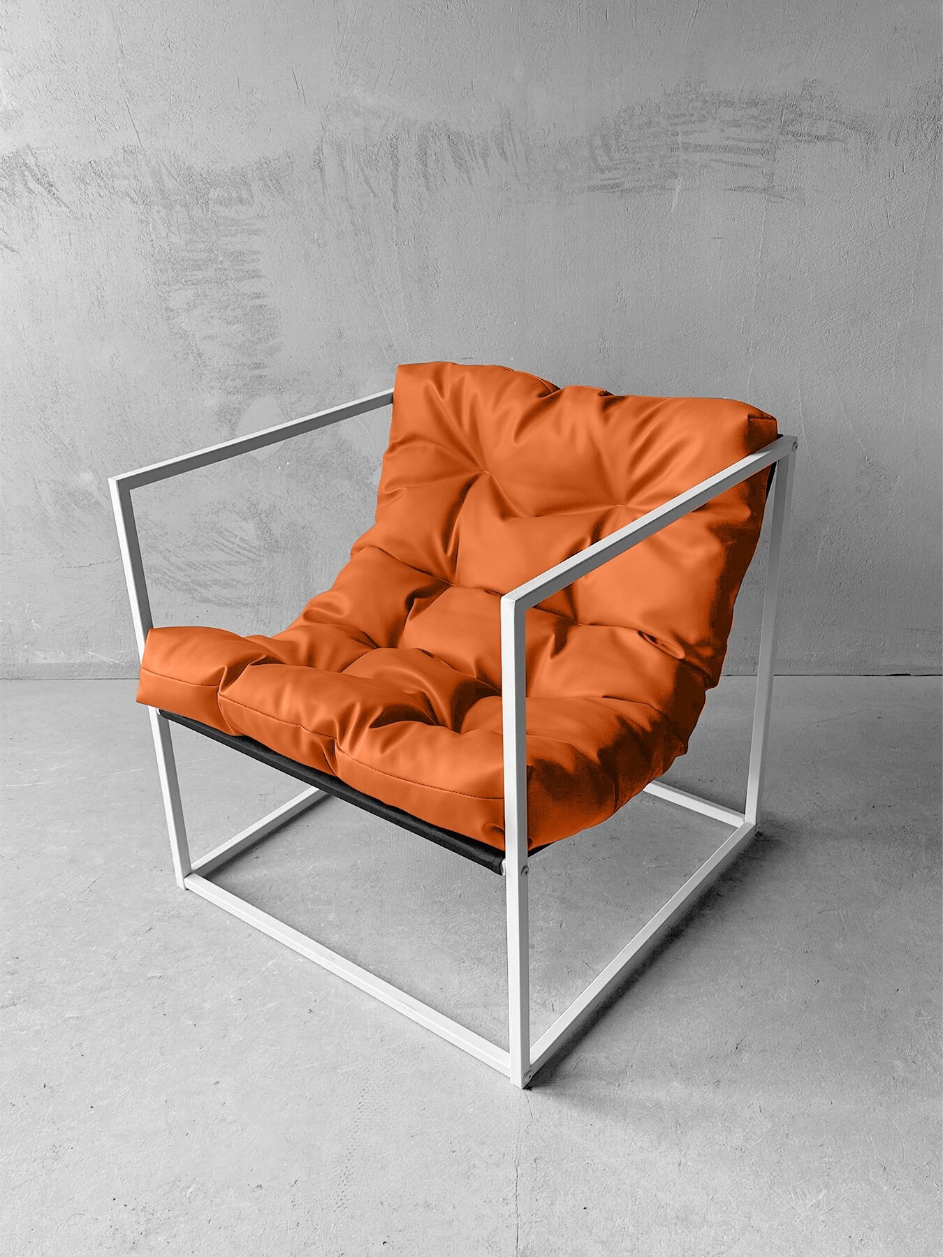 Кресло мягкое удобное для отдыха, уличное, на балкон, веранду, в стиле лофт, минимализм, Лофтовик + рыжий кожзам