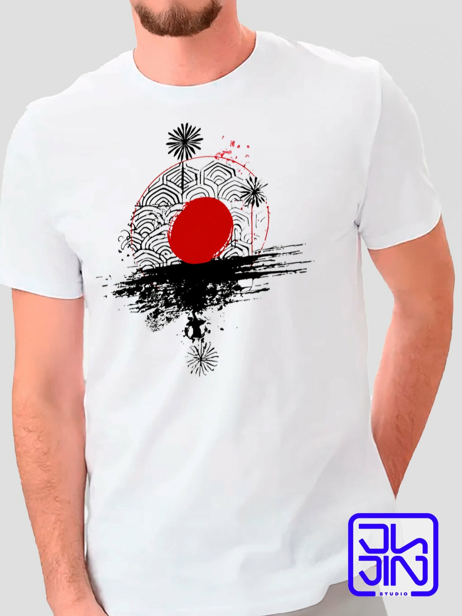Футболка классическая мужская с авторским принтом Этническое абстрактное солнце в черно красном круге с узорами японии, белый хлопковый трикотаж с прикольным рисунком на груди
