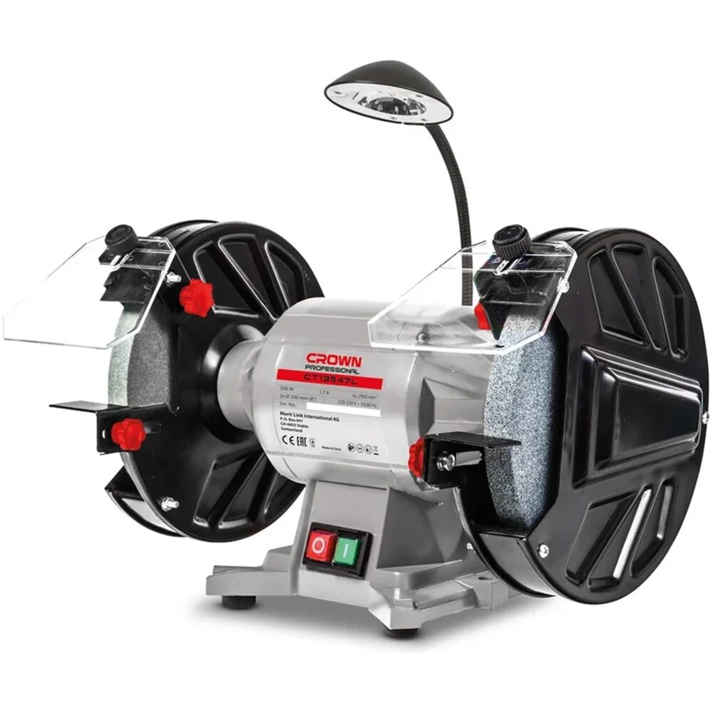 Точильный станок CROWN CT13547L, для шлифовки заготовок, с подсветкой, защитным экраном, прямой передачей
