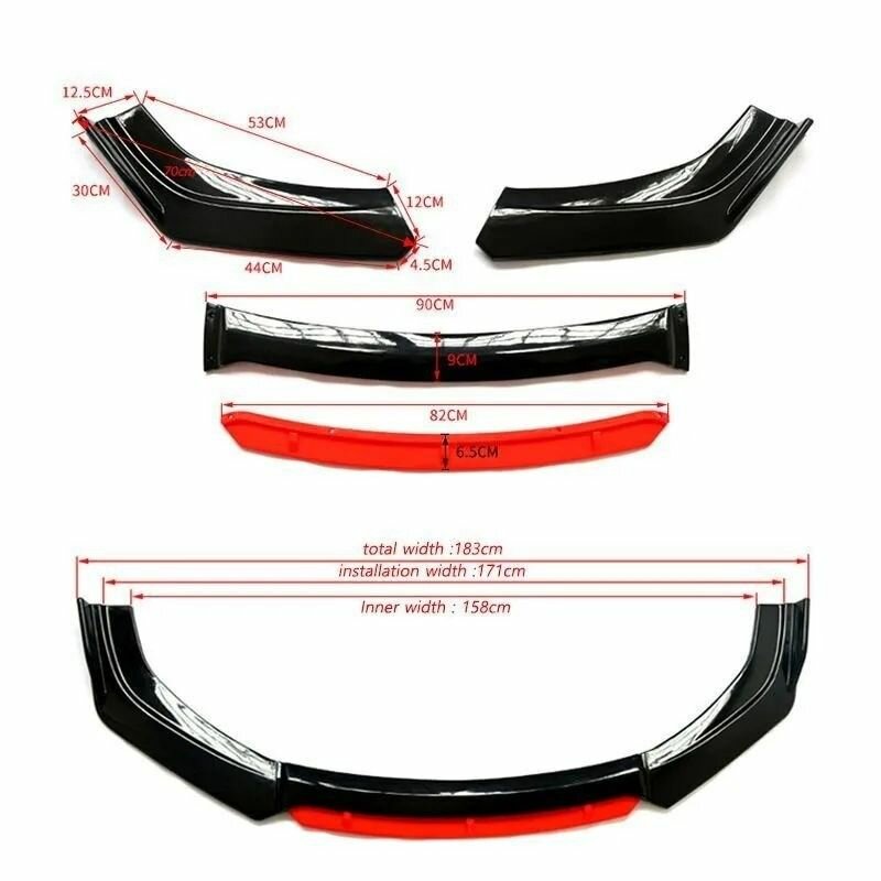 Накладка губа (сплиттер юбки) универсальная на передний бампер 4 части/1.71m Глянцевый черный с красным