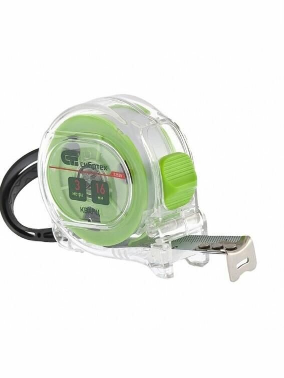 Рулетка Кварц, прозрачный корпус, амортизатор, 3 м х 16 мм Сибртех 32520