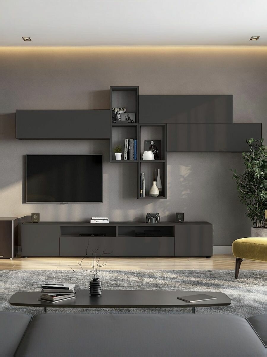Гостиная-2 "ДН" графит в комплекте (тумба ТВ МС 2/шкаф навесной 3шт./полка книжная 2шт.)
