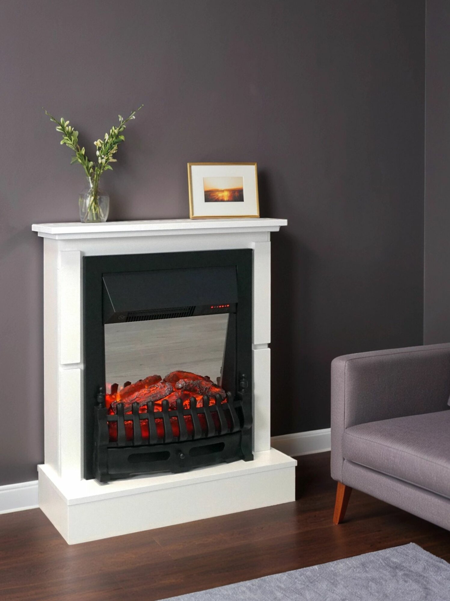 Камин электрический с порталом VITAMIN, с пультом ДУ, эффектом пламени обогревом, звуком цвет "Белый"