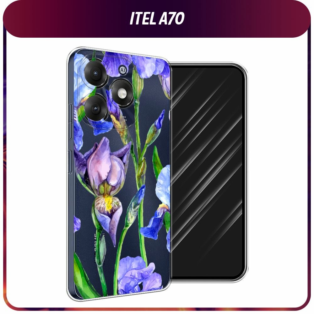 Чехол на Itel A70 / Ител А70 с принтом "Синие ирисы", прозрачный