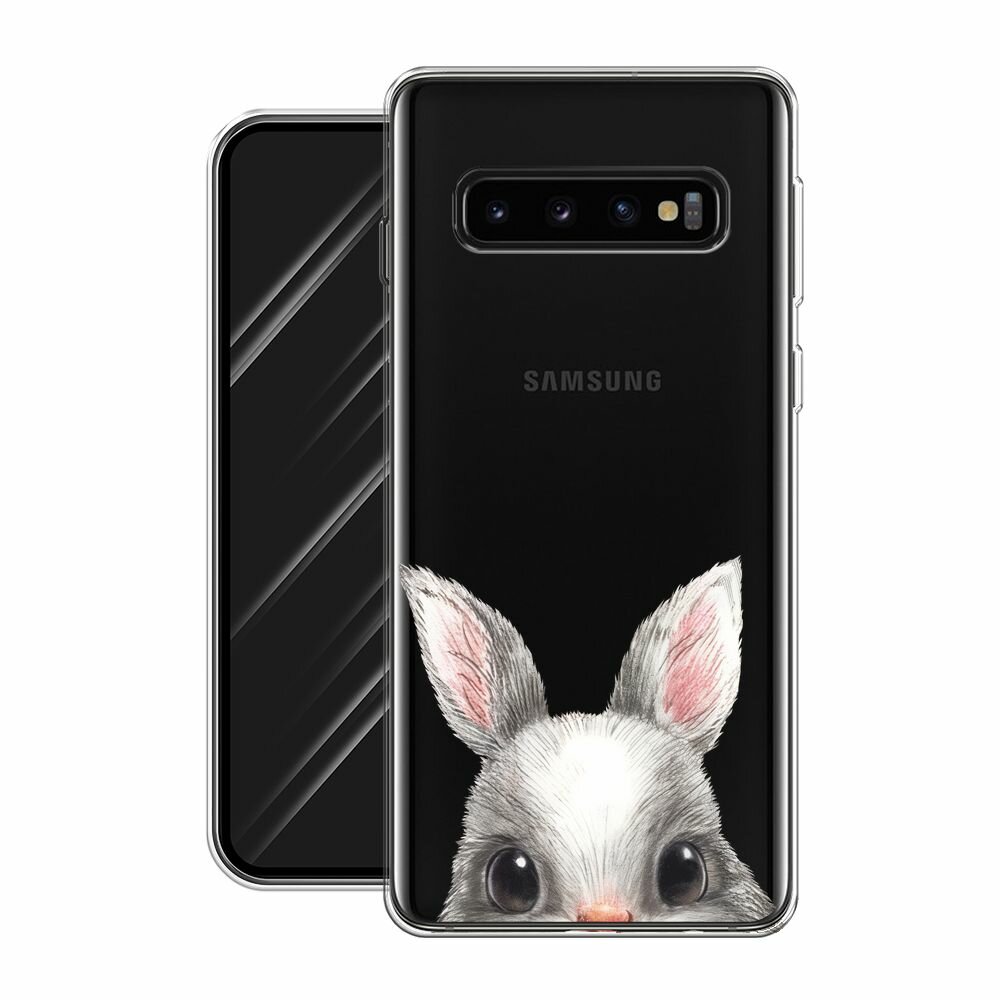 Чехол на Samsung Galaxy S10 / Самсунг Галакси S10 с принтом "Карандашный кролик 2 - 8 марта", прозрачный — фото 1