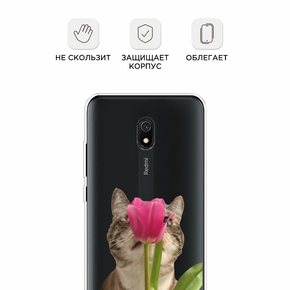 Чехол на Xiaomi Redmi 8A / Сяоми Редми 8А с принтом "Кот с тюльпаном - 8 марта", прозрачный — фото 1