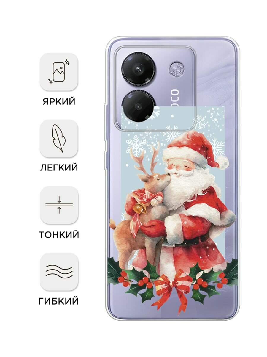 Чехол на Poco M7 Pro / Поко М7 Про с принтом Санта с оленем, прозрачный — фото 1