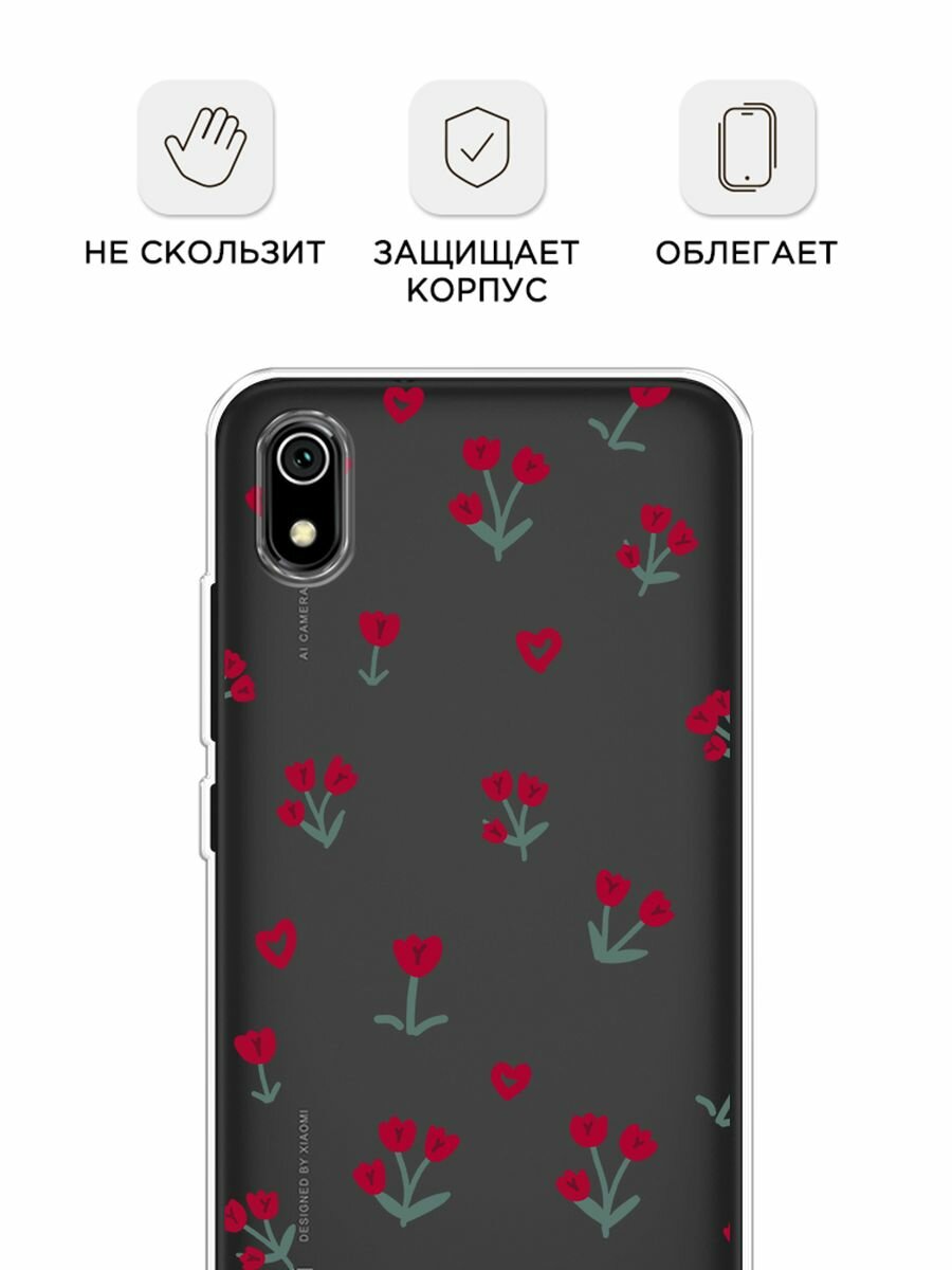 Чехол на Xiaomi Redmi 7A / Сяоми Редми 7А с принтом "Красные тюльпанчики", прозрачный — фото 1