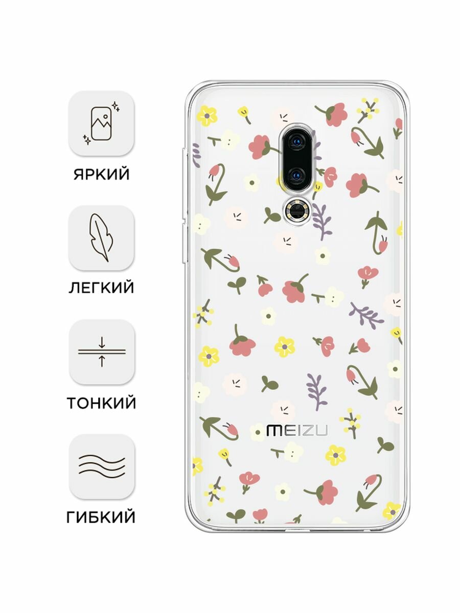 Чехол на Meizu 16th / Мейзу 16th с принтом "Россыпь цветов рисунок", прозрачный — фото 1
