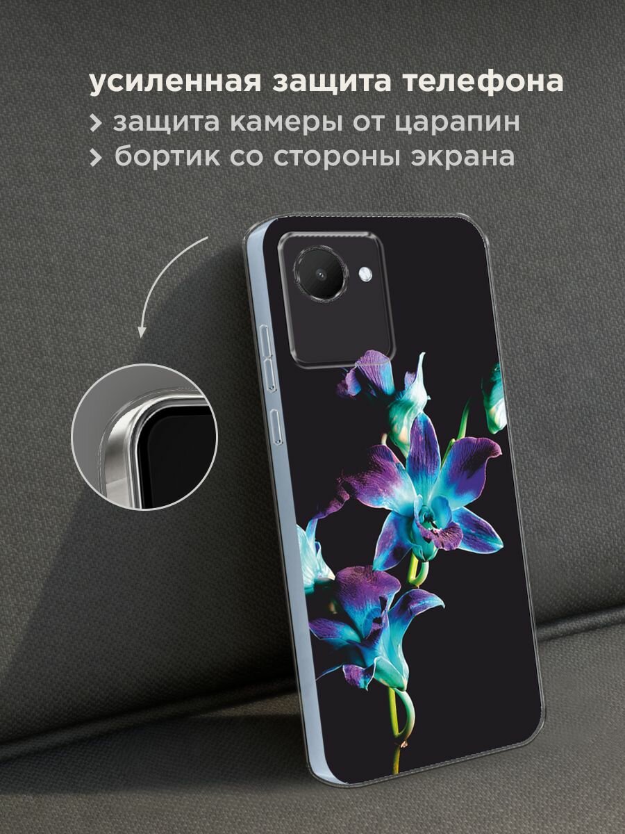 Чехол на Realme C30 / Реалми C30 с принтом "Синий цветок на черном" — фото 1